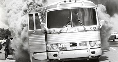 One of the Freedom Riders bus burning.