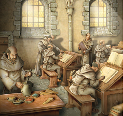 Un gruppo di monaci amanuensi al lavoro nel cosiddetto scriptorium.