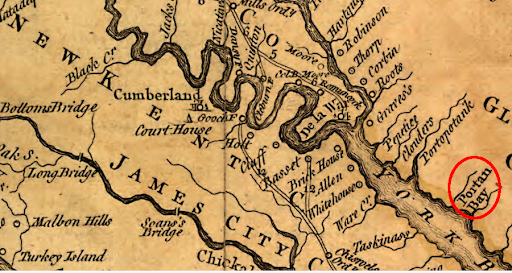 A map locating where Pocahontas' tribe was from, Werowocomoco.