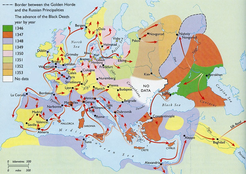 Image showing the spread of the bubonic plague during The Black Death.