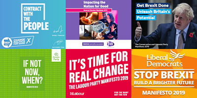 Collage of manifestos for voters in England from the 2019 General ...