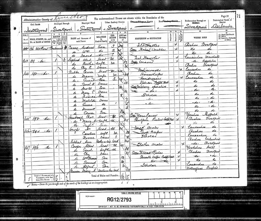 in 1891 alfred cooper 1815 has moved to 196 old road heaston norris ...