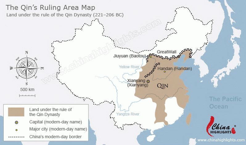 The Map of the Qin Dynasty shows the area under the rule of the Qin Dynasty