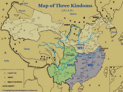 Map of the Three Kingdoms: Cao Cao's Wei (north), Dong Wu (southeast ...
