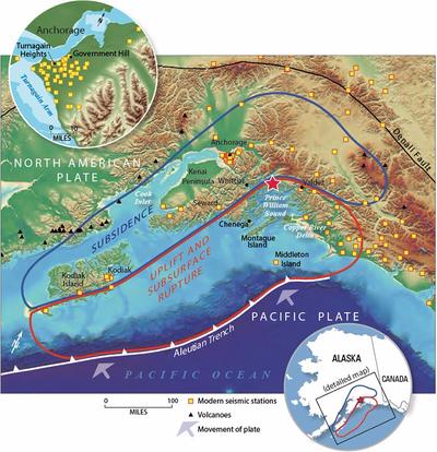 A map of where plate uplifted and where the epicentre of the earthquake was