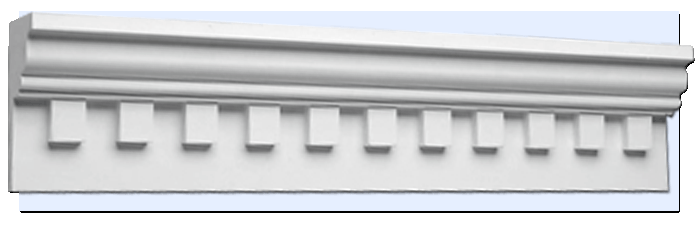 Dentil: A small repeating square pattern that usually beneath the cornice.