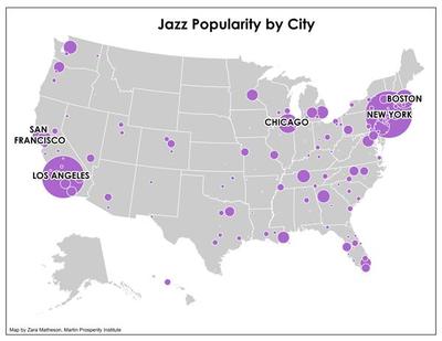 This is a map of Jazz popularity in America