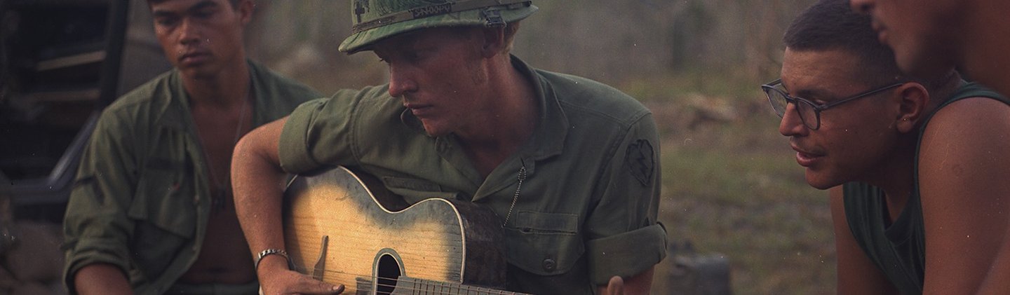 US soldiers in January 1968 playing guitar during Operation Yellowstone ...