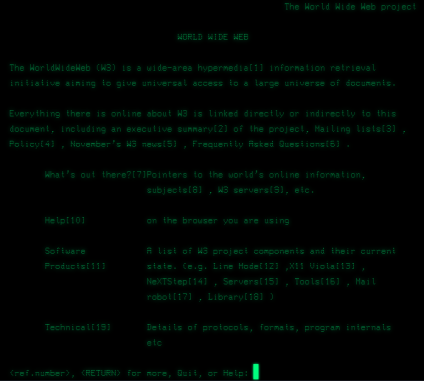 The first web site as seen by the first browser (http://line-mode.cern ...
