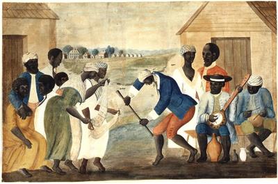 Painting of black African slaves working and playing music in a group ...