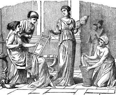 This illustration portrays women in Greek society completing their ...