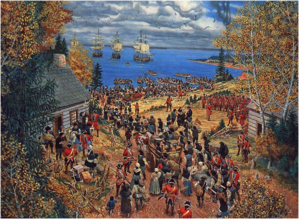 In this photo the Acadians are being herded out of Acadia and on to boats.