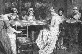 This shows a group of women sewing clothes or other items for the ...