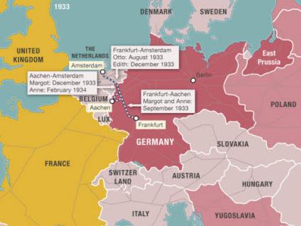Map of Anne, Otto (father) and Margot (sister) Emerging to the Netherlands