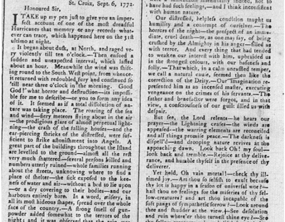 Excerpt of the Hurricane Letter, written in 1772