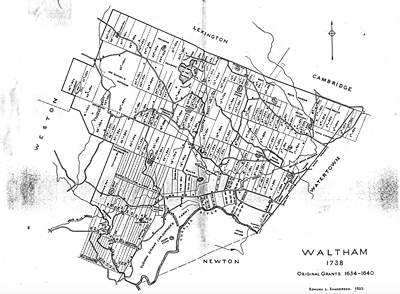 Map of Waltham in 1738 showing land grants (Sanderson), Waltham ...