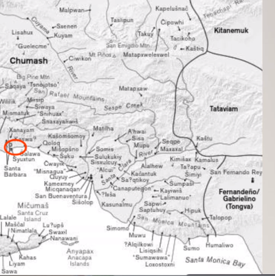 Chumash territory, circled in red is where the Presidio was established.