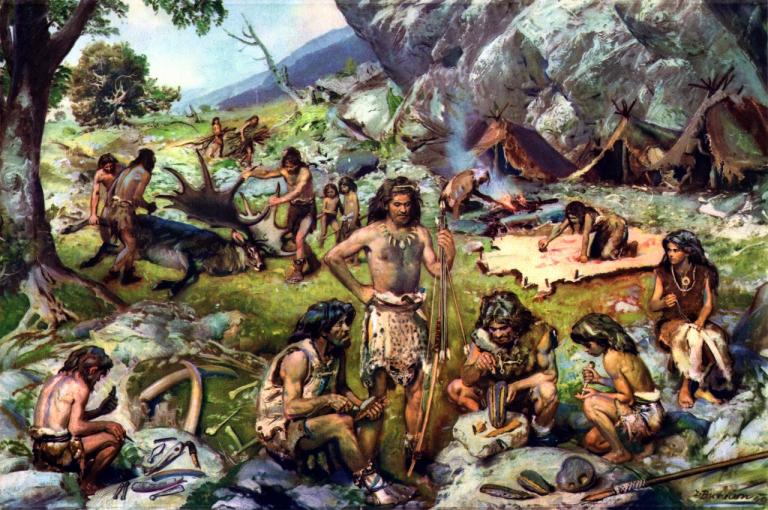 Paleolithic group of people. Illustration by Zdeněk Burian
