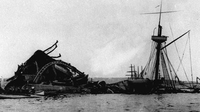 The USS Maine after its sinking, in February of 1898