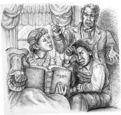 Mrs. Auld being scolded by Mr. Auld for teaching Douglass how to read.