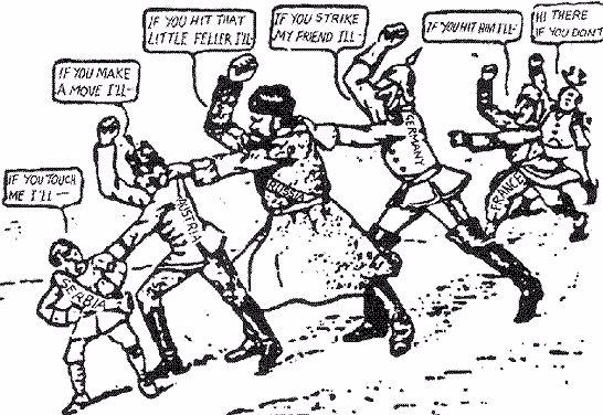 Cartoon published in July 1914, showing the 'chain reaction' of ...