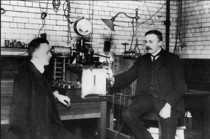 Henry Moseley and Ernest Rutherford in the lab.