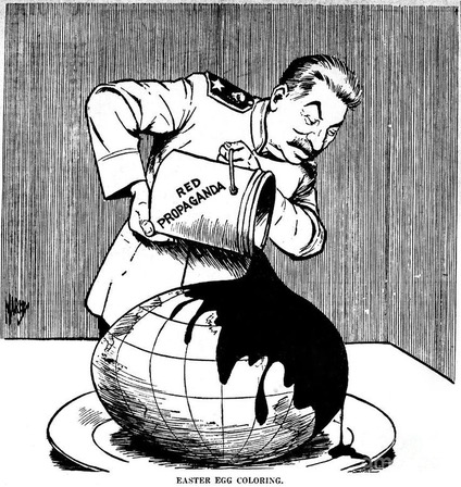 Image is of Stalin covering the world with his "red propaganda". The ...