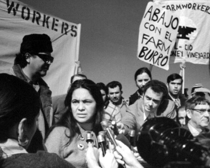 UFW press conference with Dolores Huerta. Courtesy of Exhibit Detail.