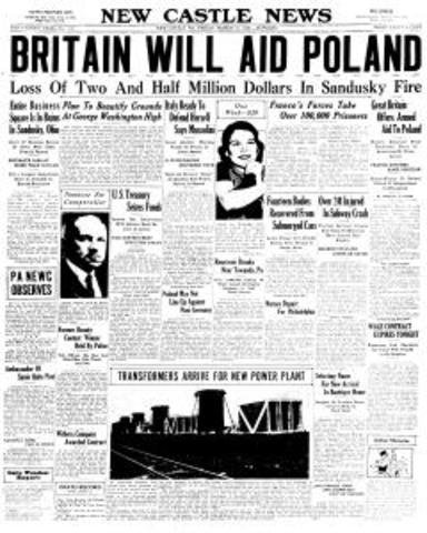1939 newspaper declaring Britain's alliance with Poland. Source: Timetoast