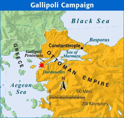 This map shows the area of the Gallipoli campaign and where the actual ...