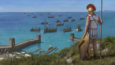 Sparta is in red and Persia is in the black boats