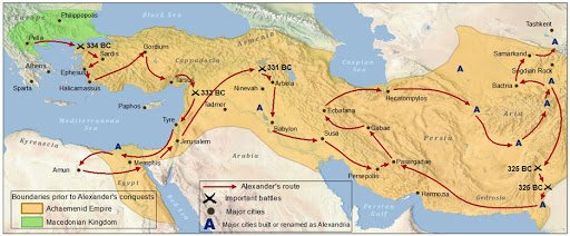 A map showing the route of Alexander's conquering of the Persian Empire.