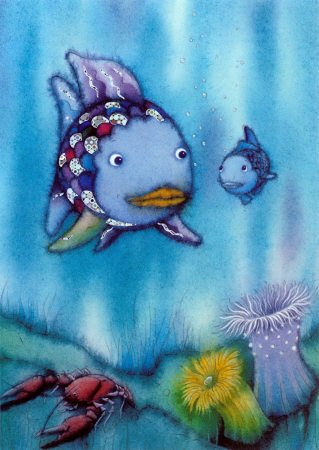Then, a little blue fish asked Rainbow Fish for one of his scales, but ...