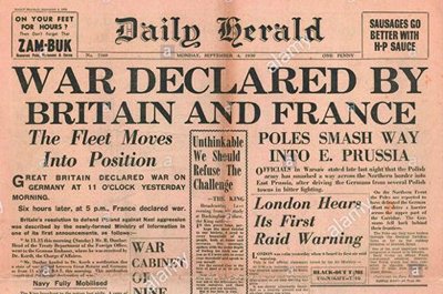 Newspaper by Daily Herald released shortly after war is declared, 1939