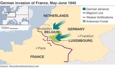 Like WWI, Germany attacked France through Belgium.