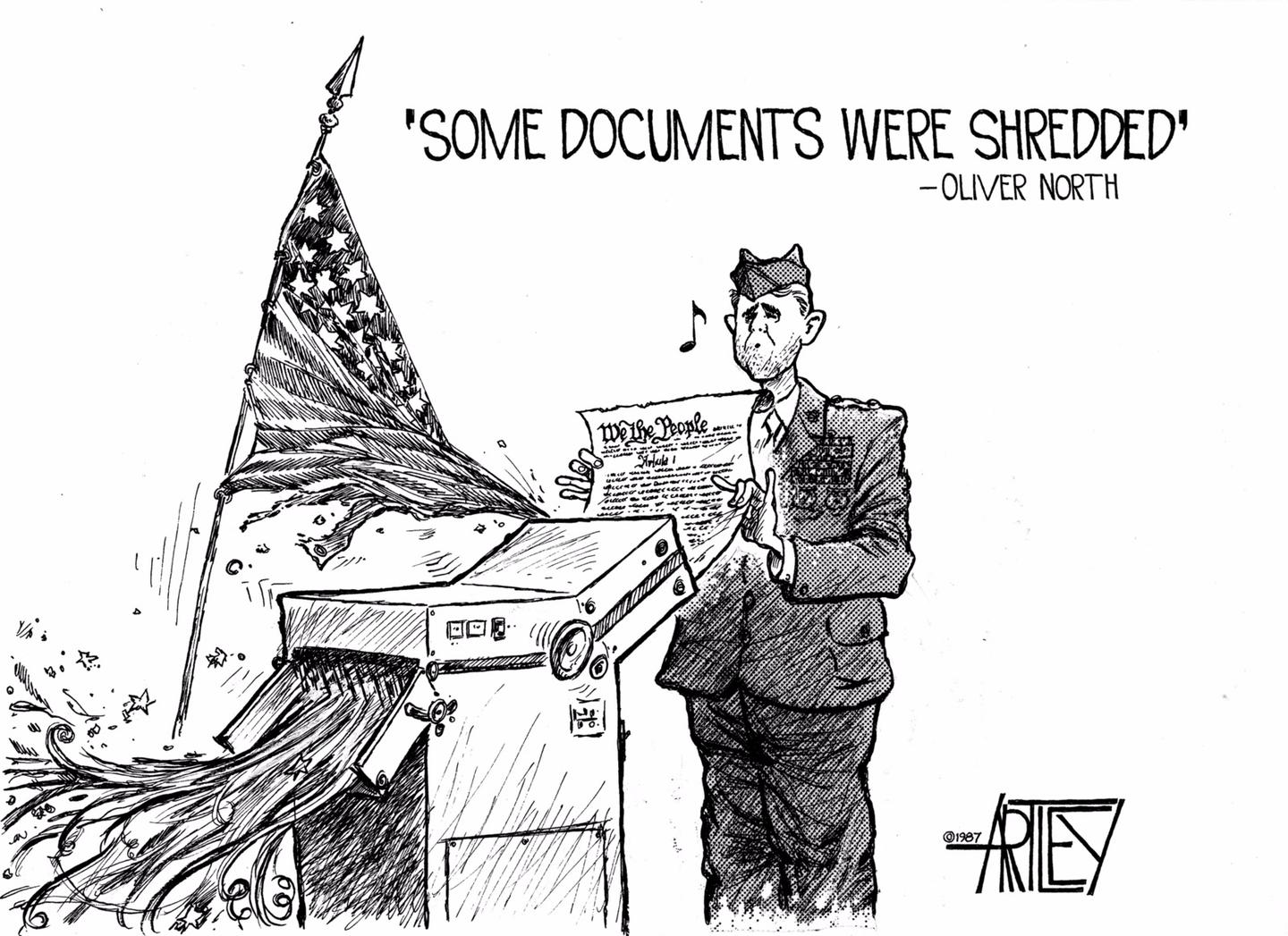 Political cartoon featuring an Oliver North quote, and depicting the ...
