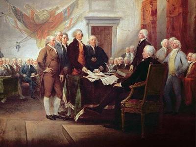 This shows Thomas Jefferson and other signing the deceleration of ...