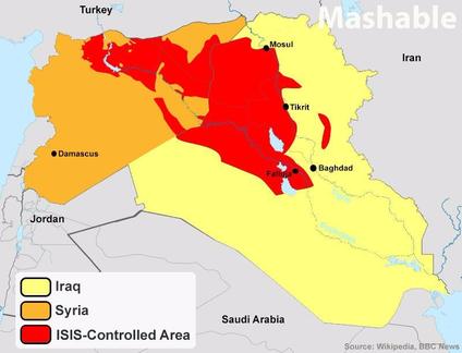 Map of land controlled by, or with strong ISIS support between Iraq and ...