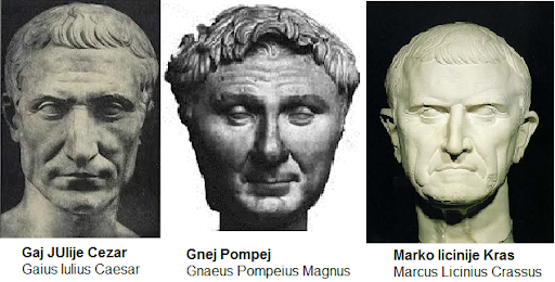 SLIKA: Na slici se nalaze Gaj Julije Cezar, Gnej Pompej Veliki i Marko ...