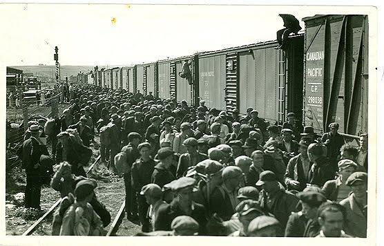 Here is a picture of men boarding a train to go to Ottawa to try and ...
