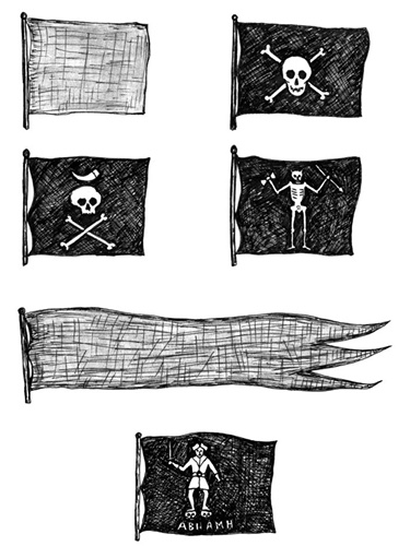 Depiction of flags from eighteenth-century pirate ships.