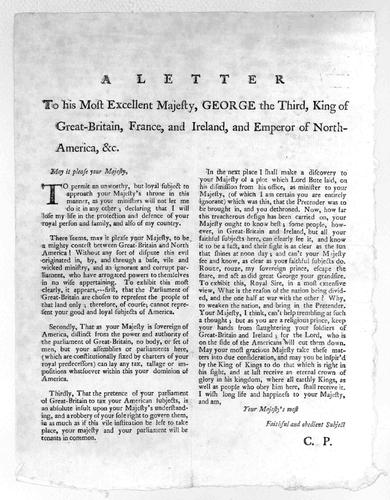This is a letter to King George III from 1765 from a colonist named C.P ...