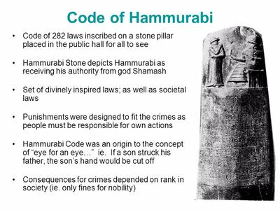 1792 B.C. Hammurabi creates first set of laws