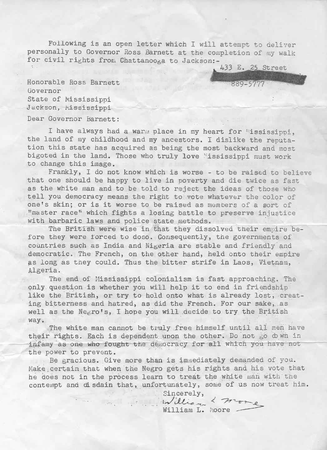 Moore's Letter to Gov. Ross Barnett