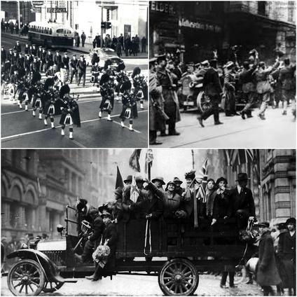 Canadians celebrating the end of war with parades.