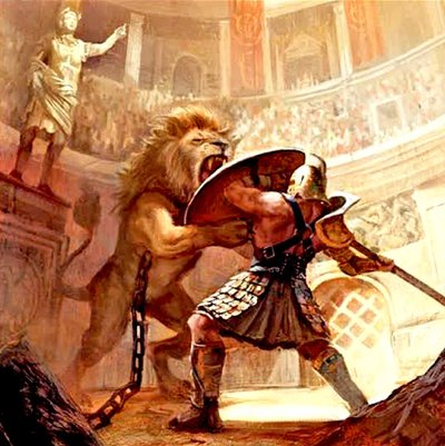 Immagine di un gladiatore che combatte nell'arena contro un leone.