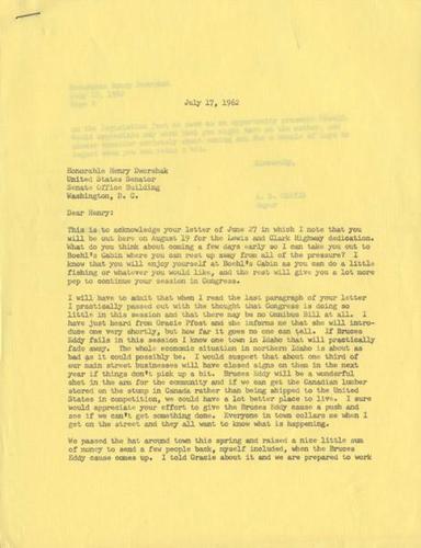Curtis to Senator Dworshak 1962