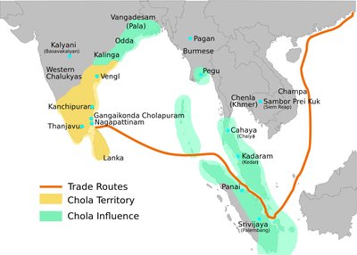 Map of the Chola Dynasty and its influence on the area around it.