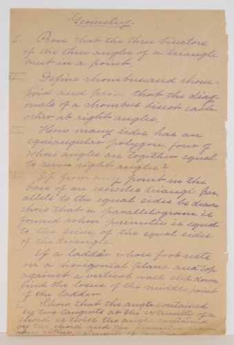 1880: Dr. Pingry makes a handwritten geometry test to give to his students.