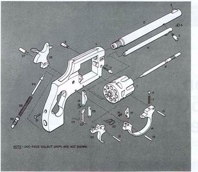 A Blueprint of a Revolver Being Assembled.